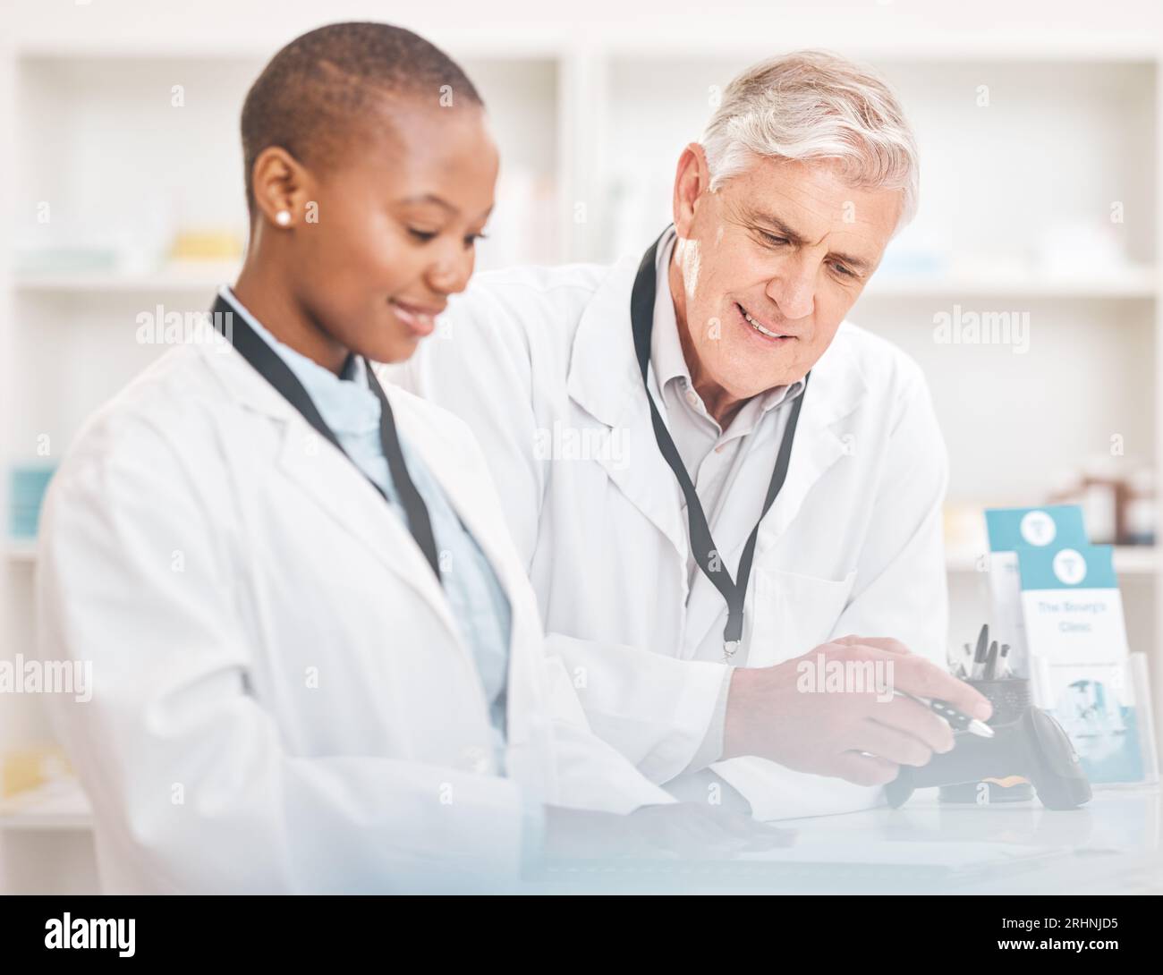 Man, woman and paperwork in pharmacy for checklist, schedule or stock ...