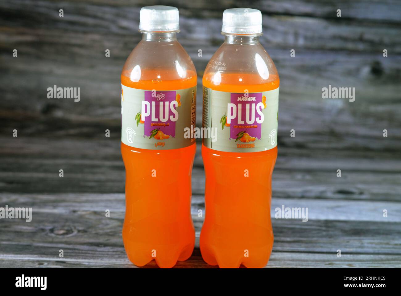 Cairo, Egypt, July 29 2023: Mirinda Plus tangerine soda with a punch of ...