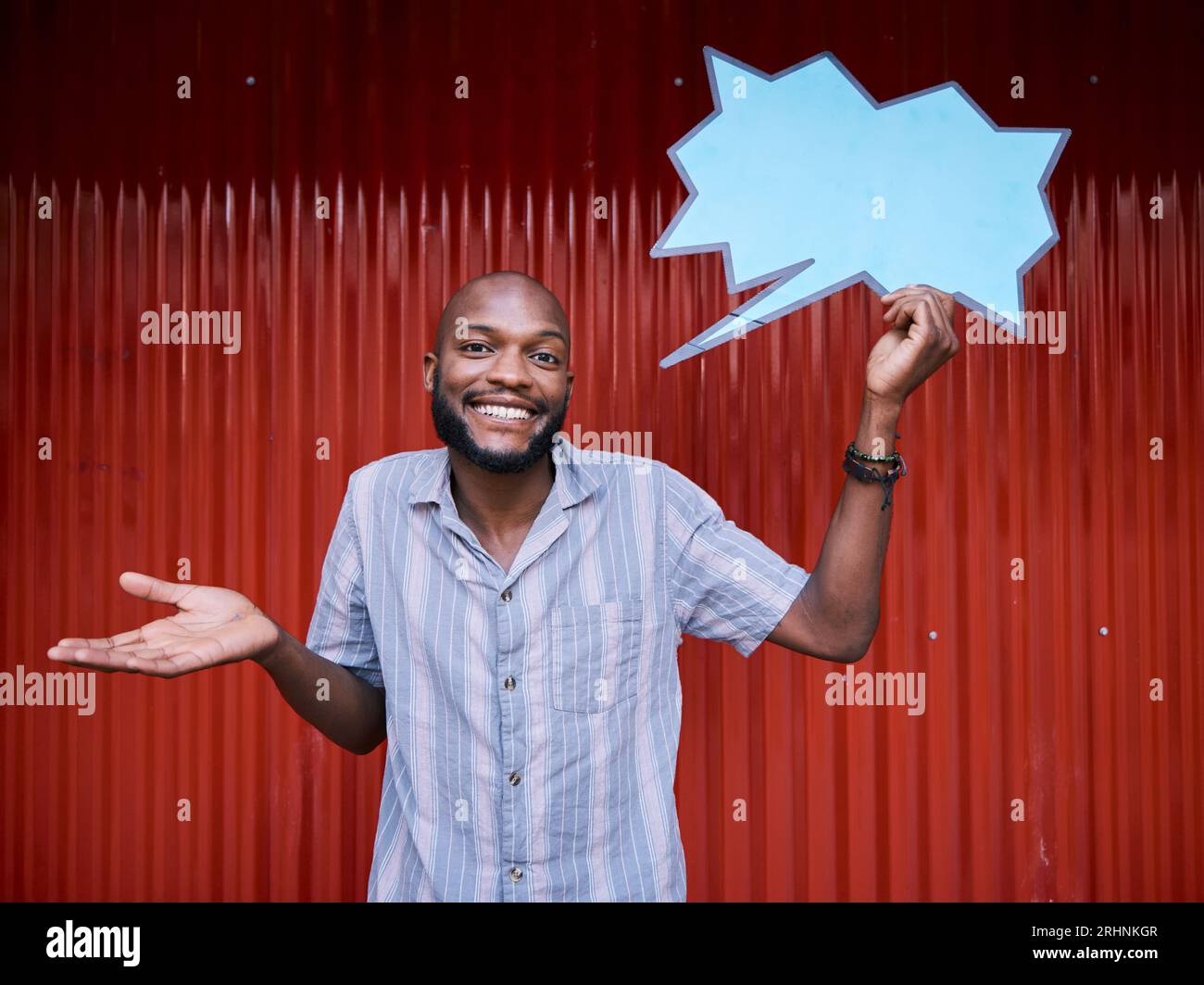 African man, outdoor and speech bubble in portrait, doubt or promotion ...