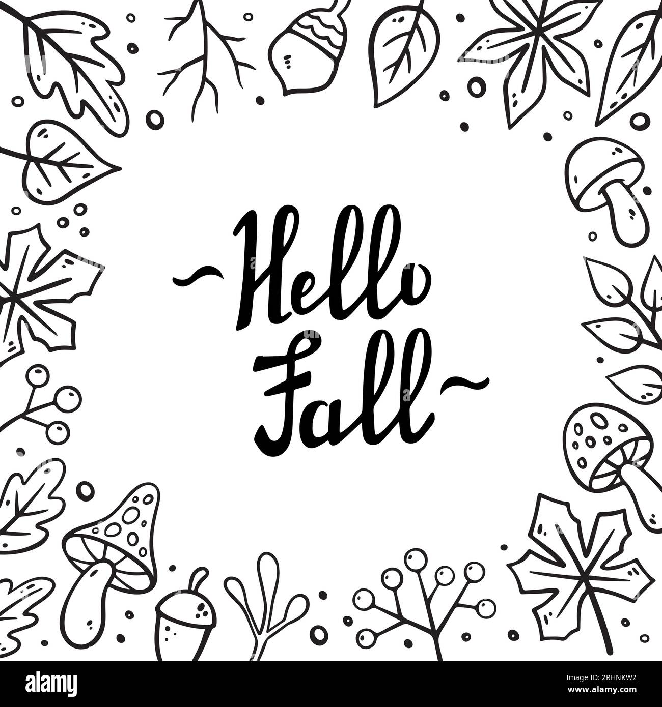 Hello Fall lettering. Autumn square frame. Fall foliage frame in doodle ...