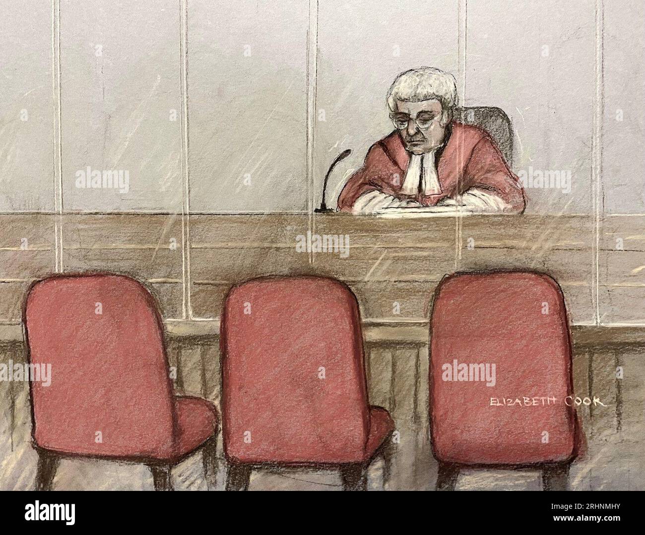 Previously unissued court artist drawing dated 17/08/23 by Elizabeth ...