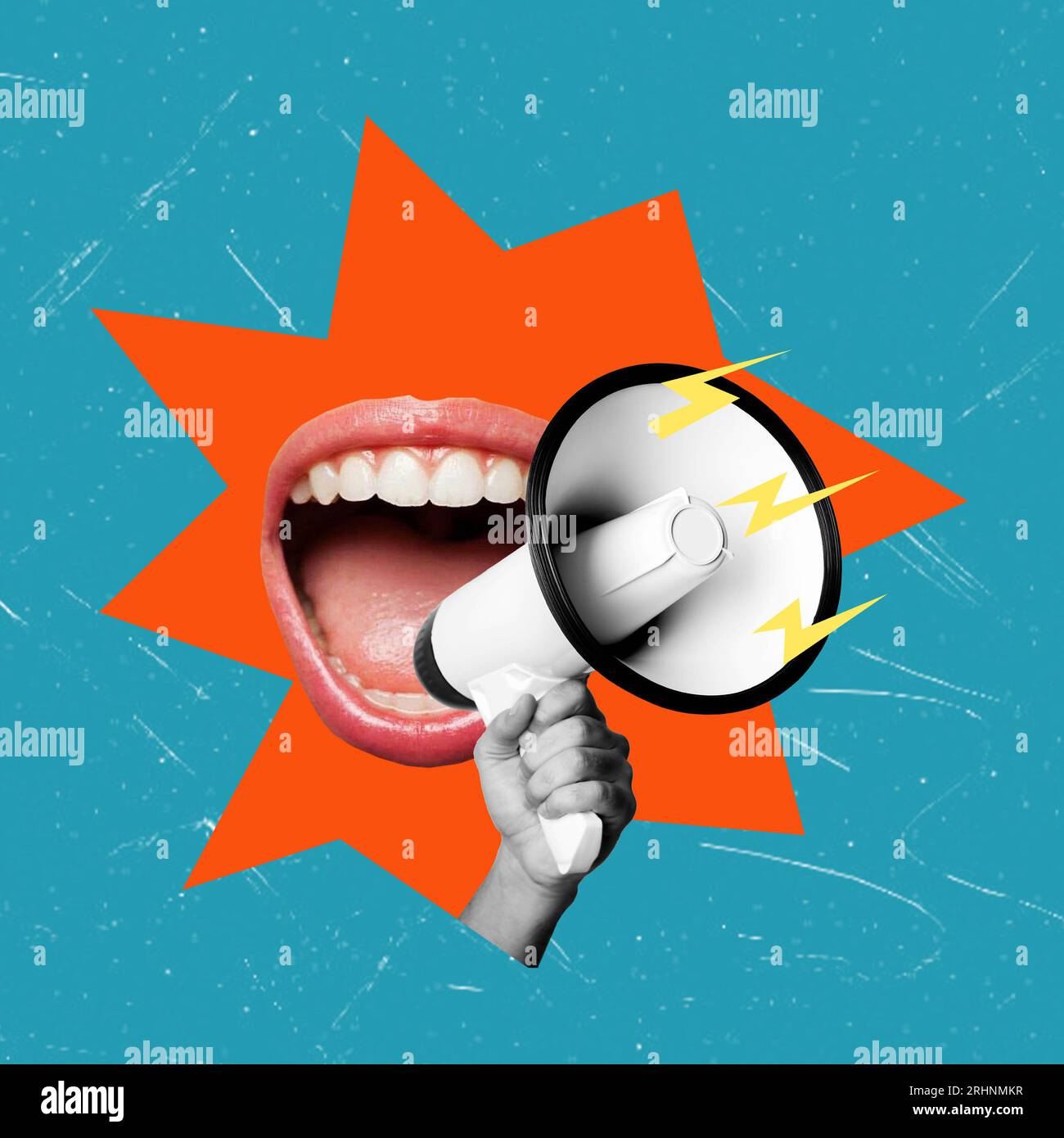 Female mouth screaming with megaphone on background. Modern design ...