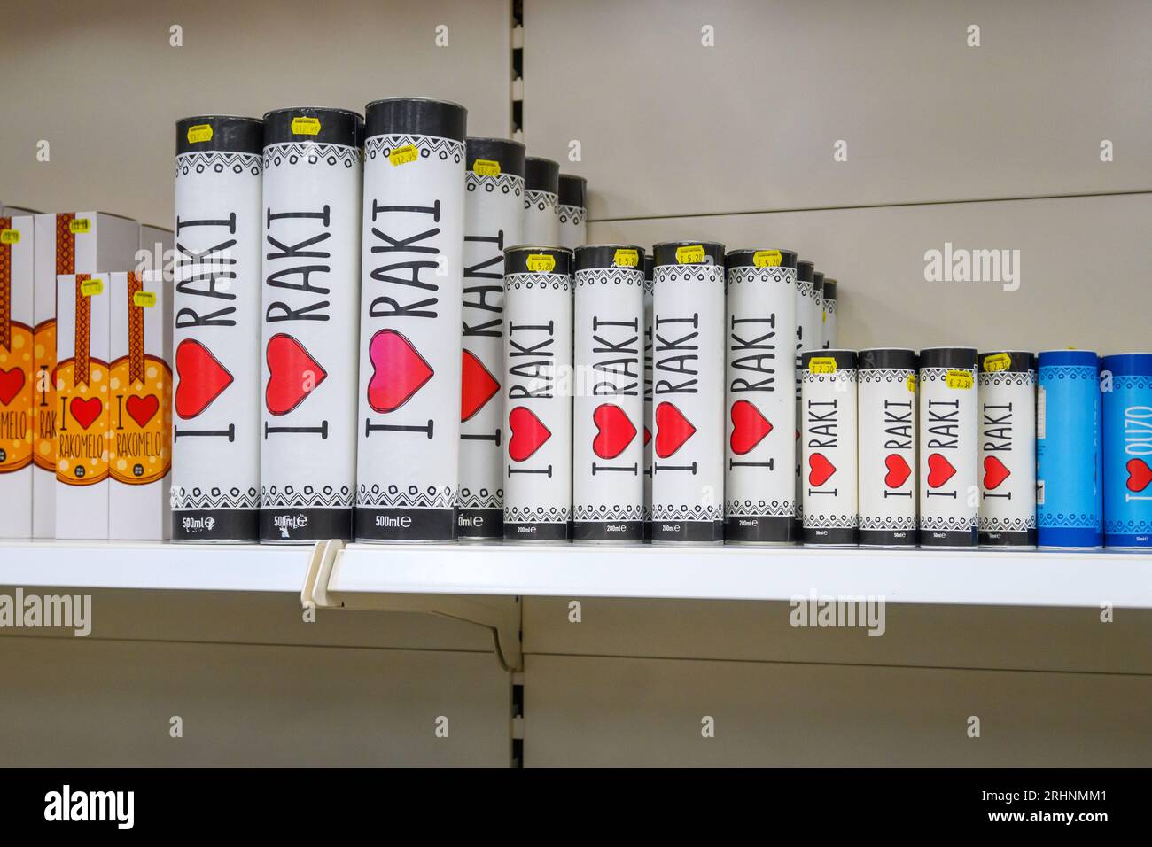 Kos, Greece - May 7, 2023: Greek Raki bottles at the market store. This ...