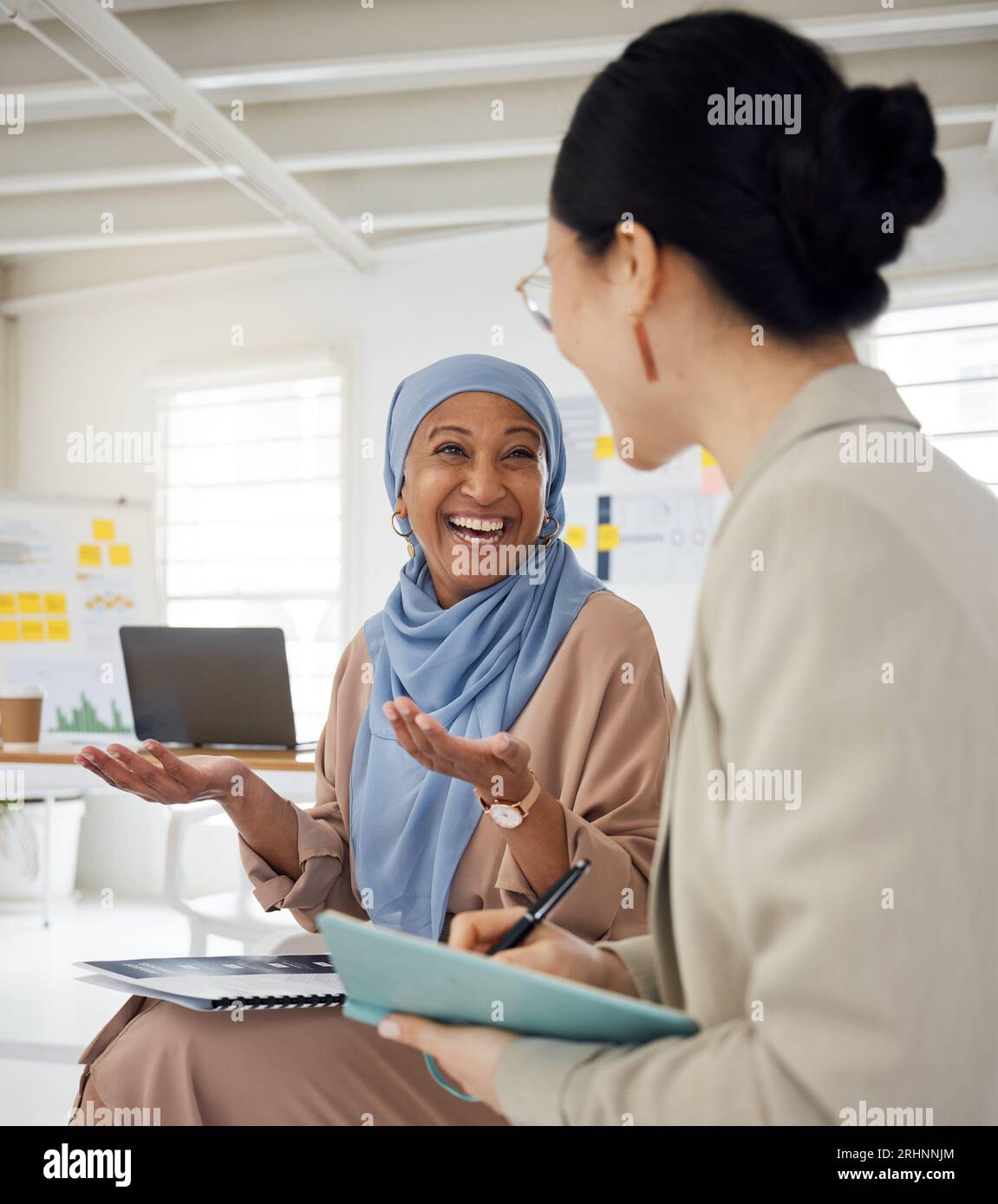 Collaboration, smile and a muslim business woman in the office with a ...