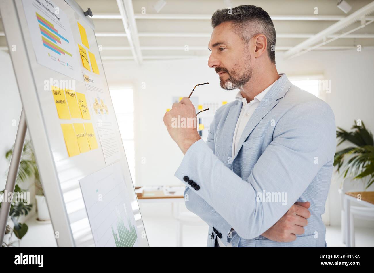 Planning, thinking and business man in office with vision board, graph ...