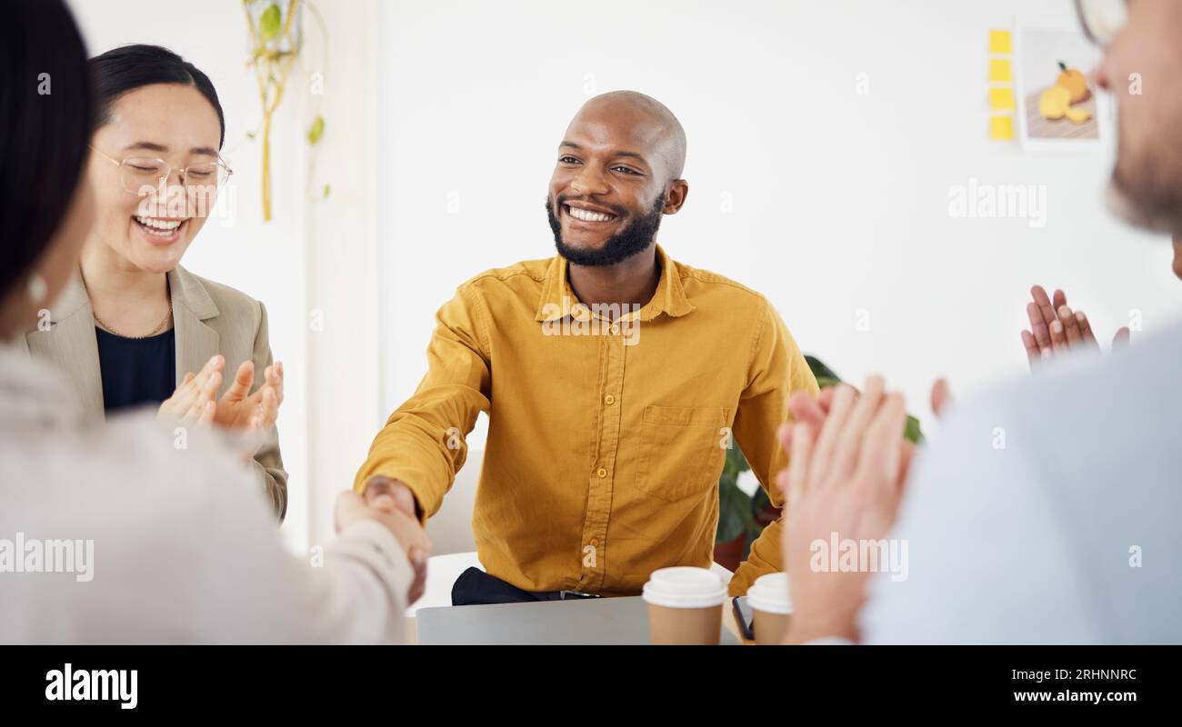 Creative people, handshake and meeting in hiring, partnership or ...