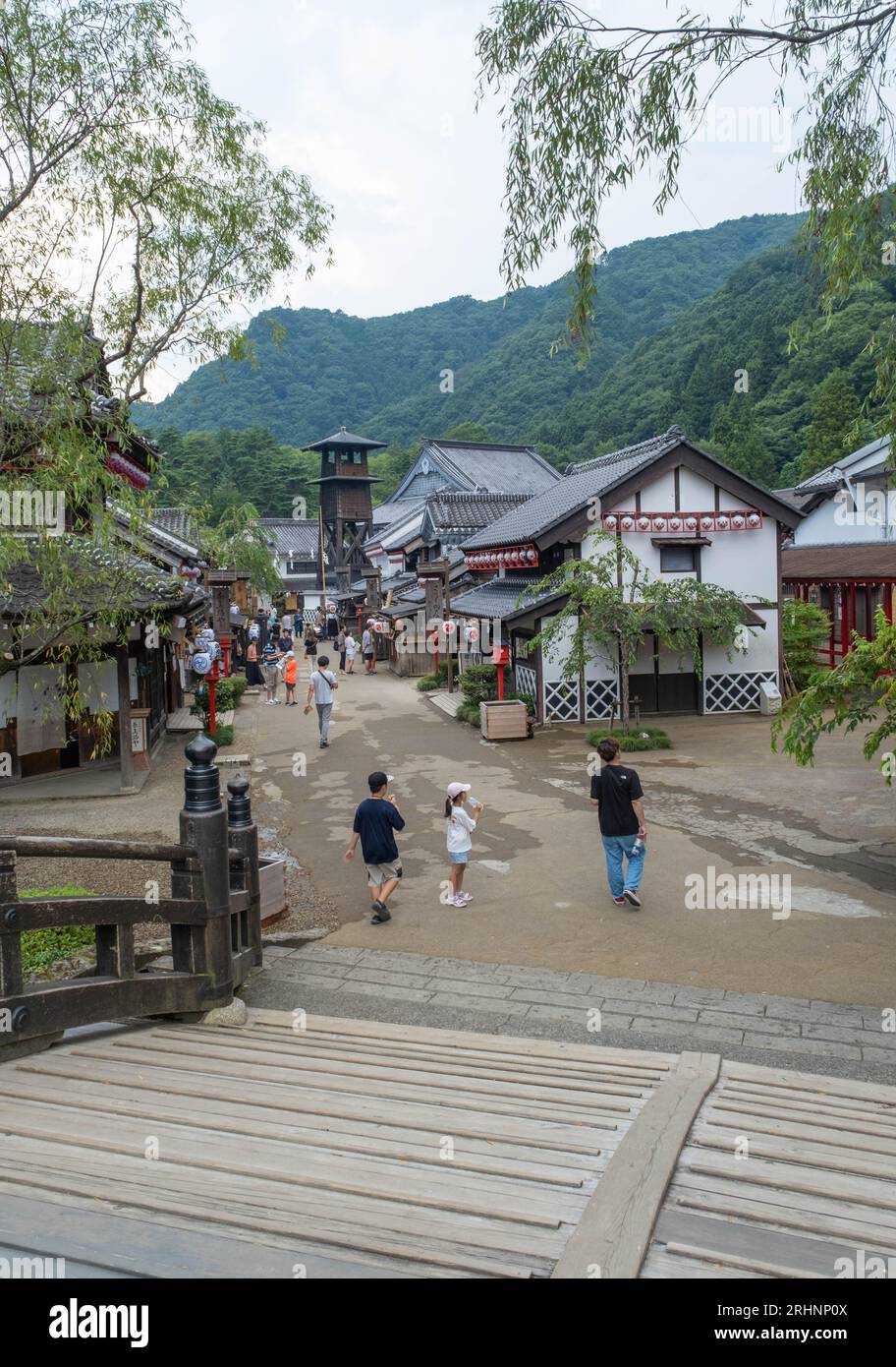 A traditional bridge leading into the main street in Edo Wonderland or ...