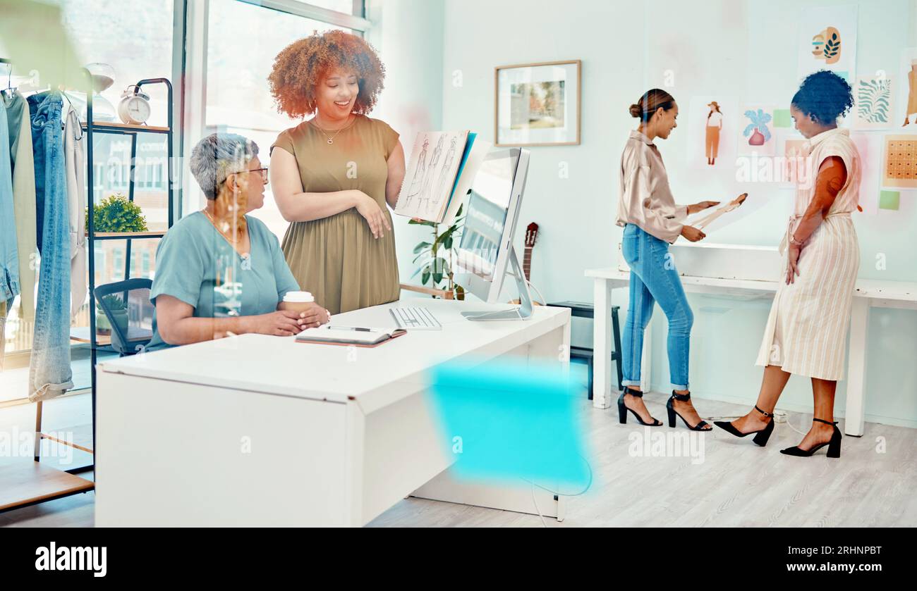 Planning, teamwork or people with drawing for fashion design sketch ...