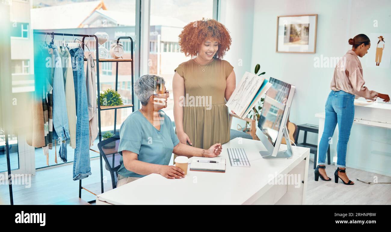 Planning, teamwork or women with drawing for fashion design sketch ...