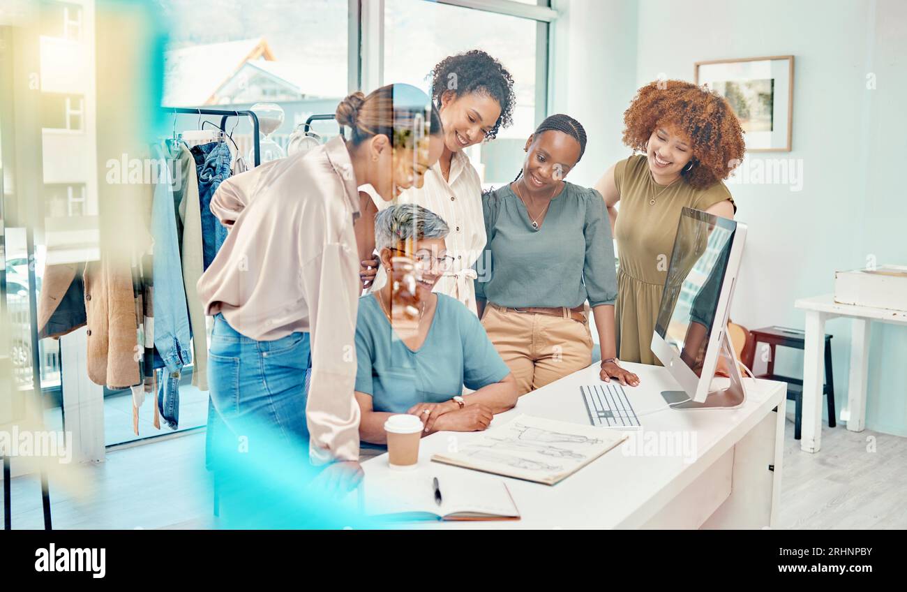 Fashion, designer and teamwork of women on sketch, book or clothes ...