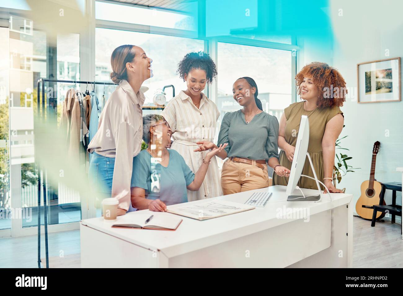 Fashion, happy designer and teamwork of women on sketch, book or ...