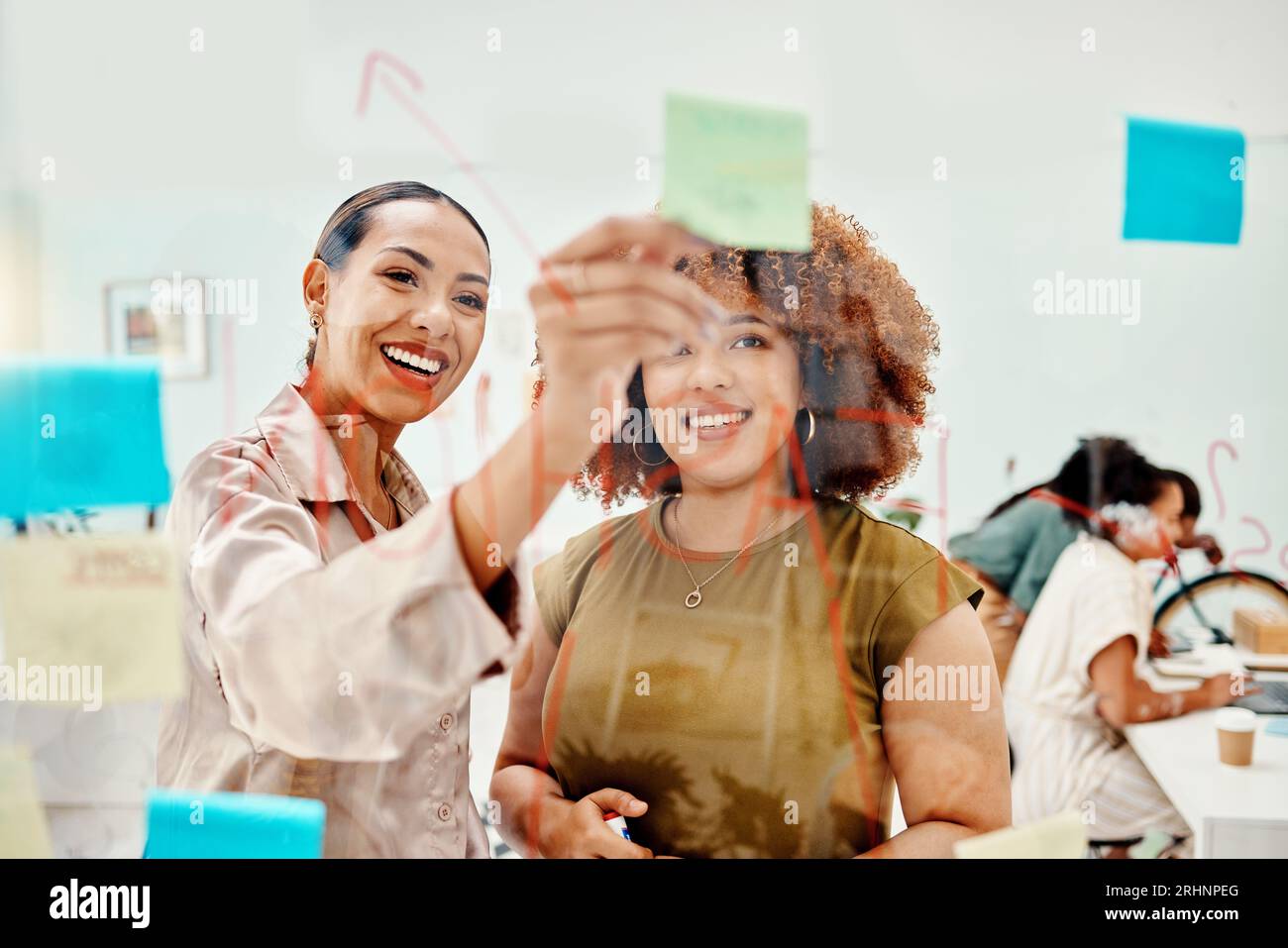 Creative women, brainstorming and teamwork, sticky note and meeting ...