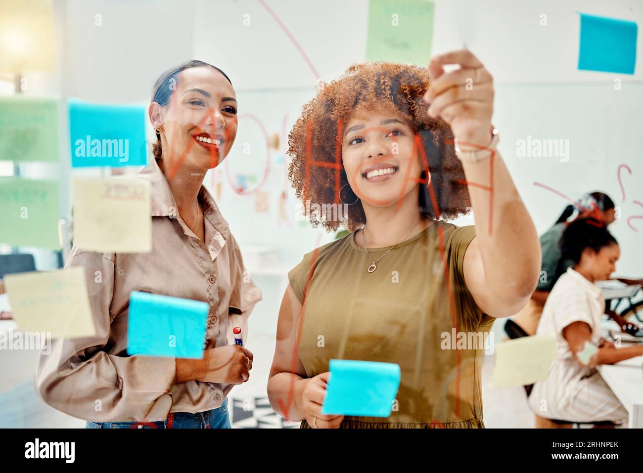 Creative women, planning and teamwork, sticky note and meeting with ...