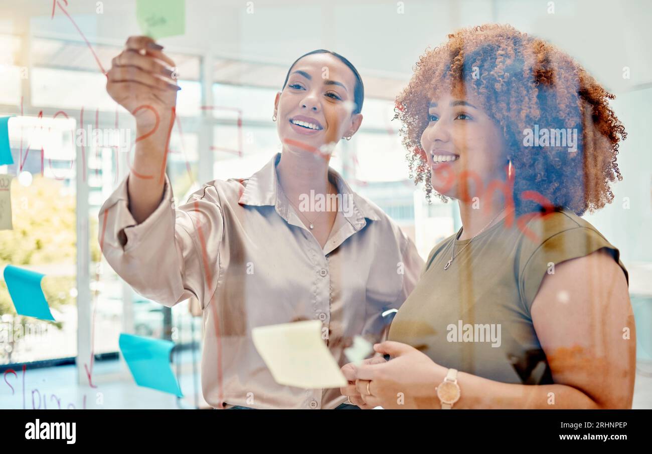 Women, brainstorming and team, sticky note and meeting, objectives and ...