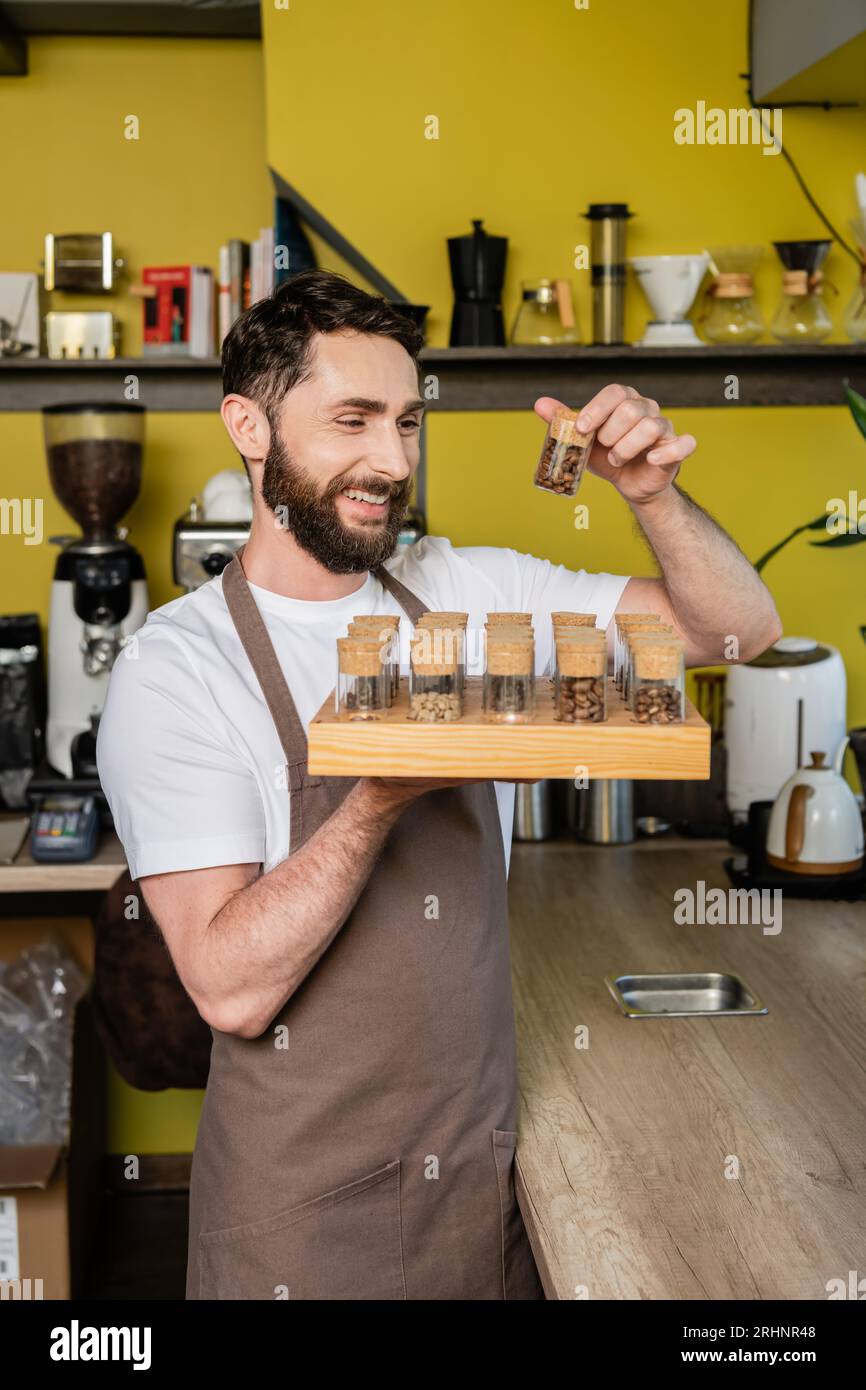 cheerful barista in apron holding coffee beans in jars while working in ...