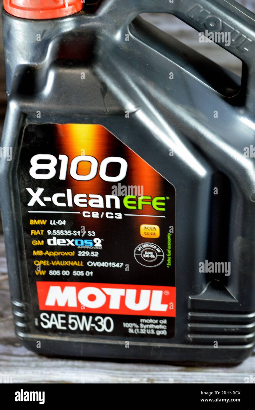 Cairo, Egypt, July 28 2023: Motul X-clean EFE 8100 motor oil SAE 5W-30 ...