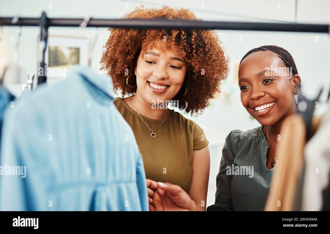 Fashion, shopping and women in a boutique for clothes, inspection and ...