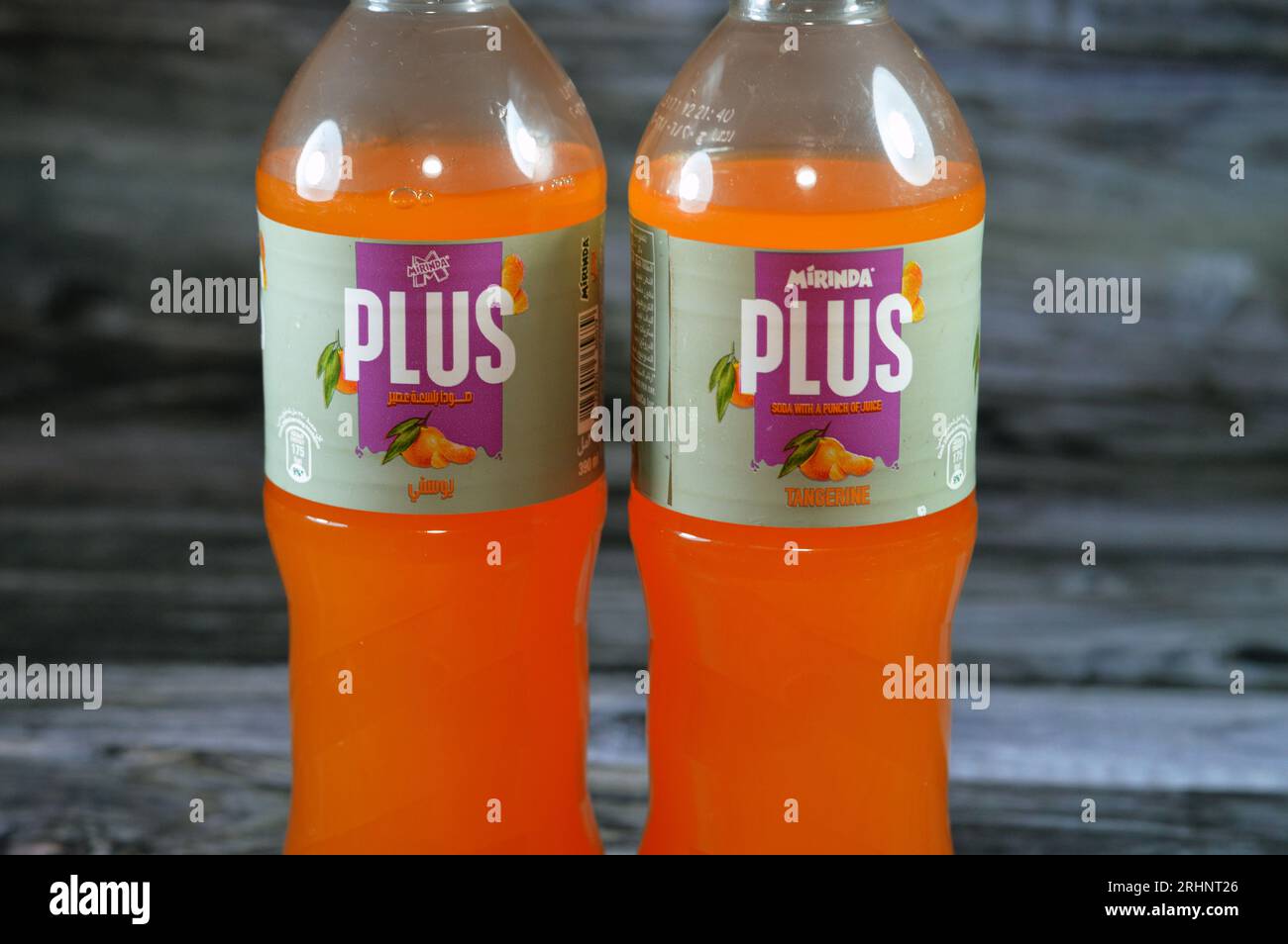 Cairo, Egypt, July 29 2023: Mirinda Plus tangerine soda with a punch of ...