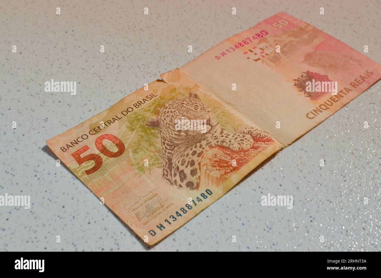 Detail of 50 reais banknote from Brazil, highlighted in Brazilian ...