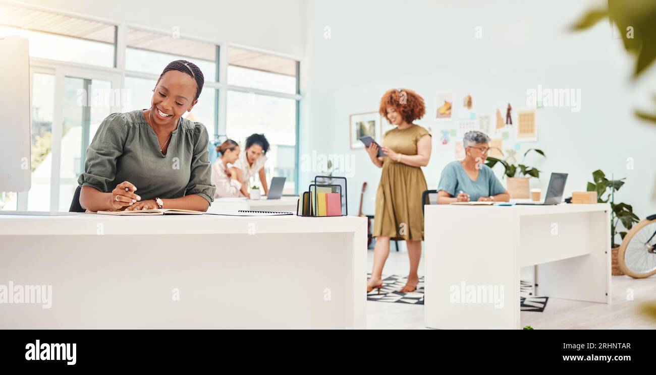 Fashion designer, black woman or drawing sketch for clothes ideas, plan ...