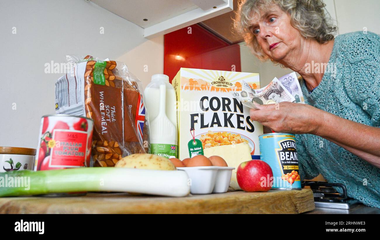 Woman at home in kitchen with variety of household food items bought in ...