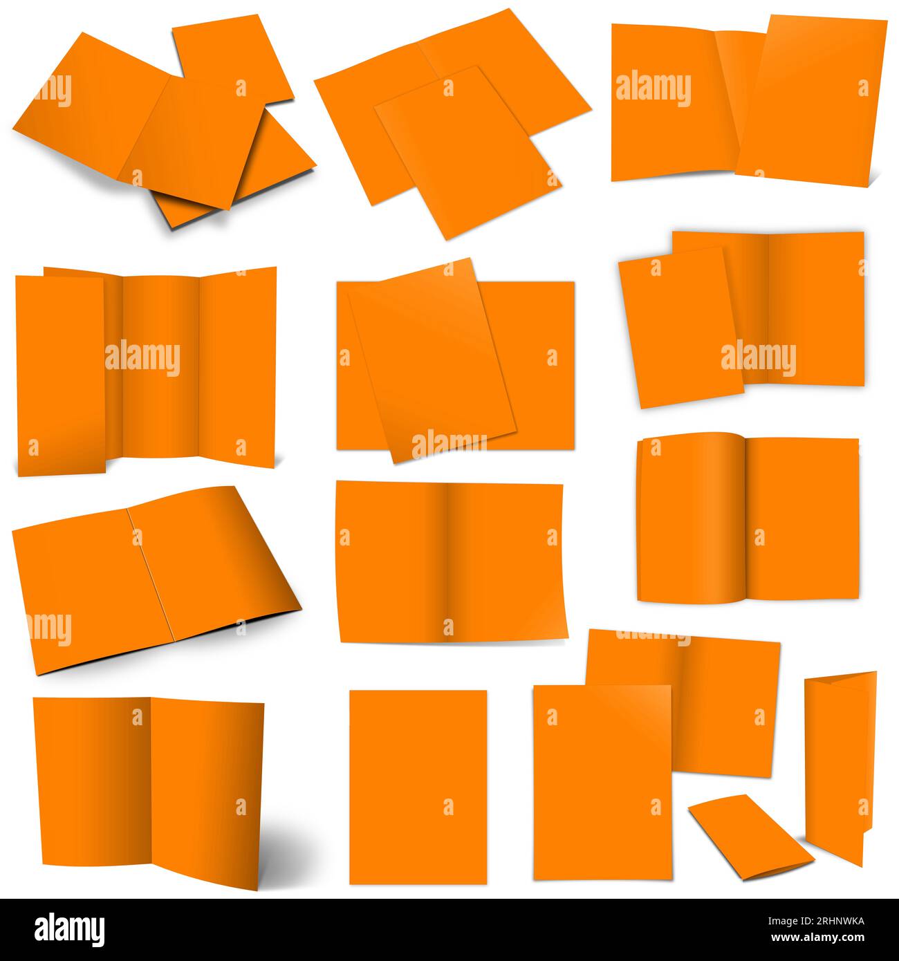Thirteen orange brochures for layouts and presentation design. 3D rendering. Digitally Generated ...