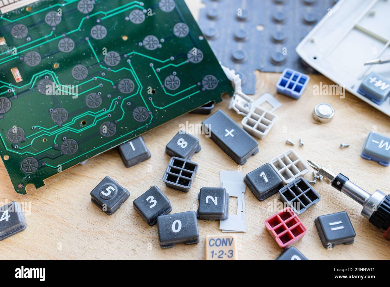 top view of keys and buttons circuit board of disassembled accounting ...