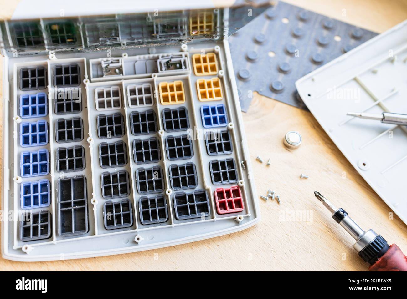 above view of buttons pad of disassembled accounting calculator close ...