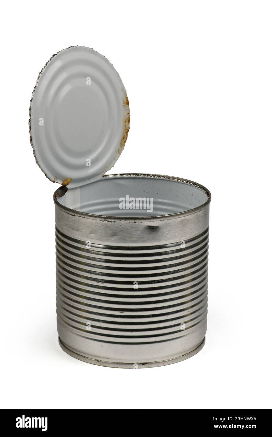 Close-up shot various open metal tin cans isolated on white background ...