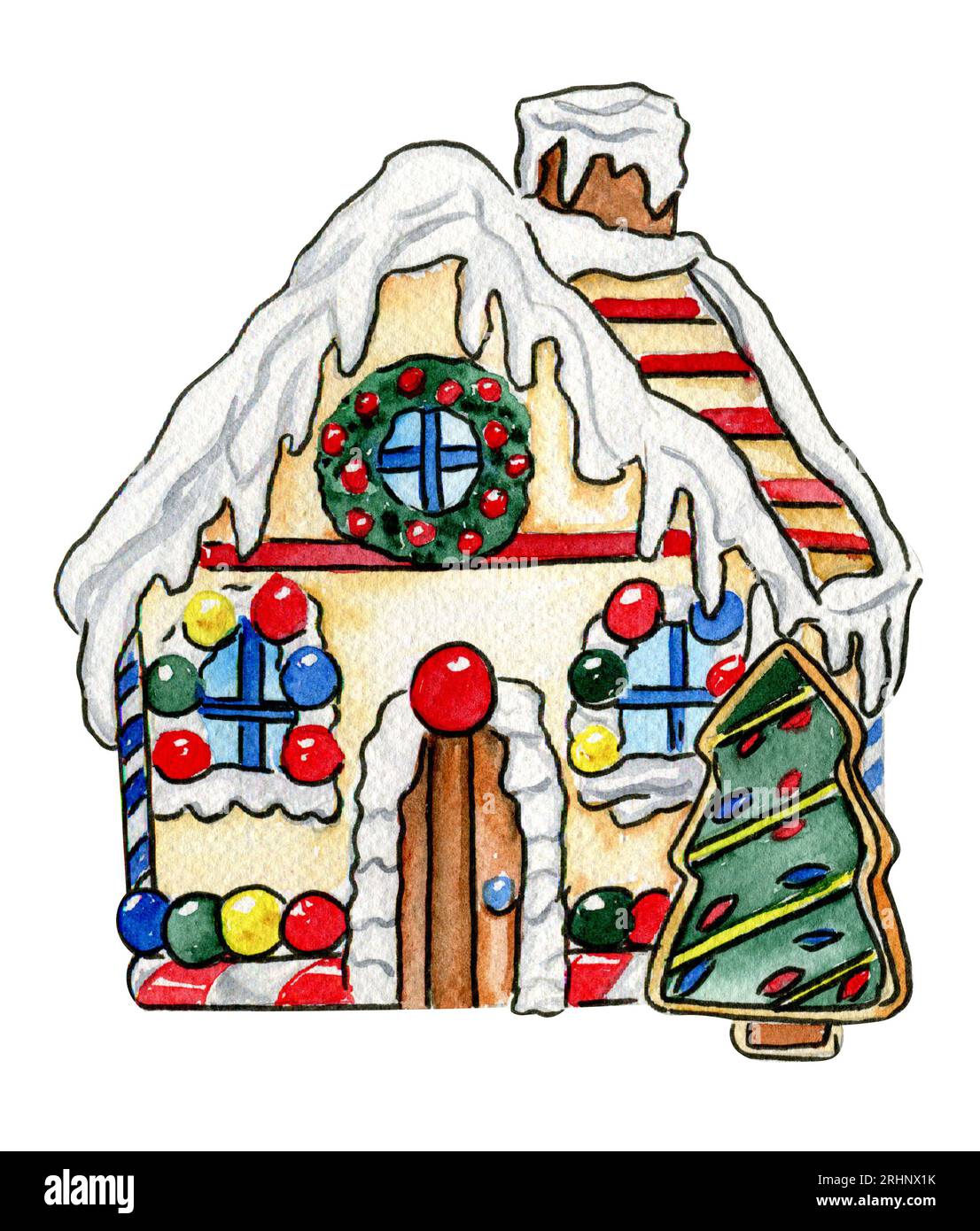 Watercolor Christmas gingerbread house. Christmas decoration and ...