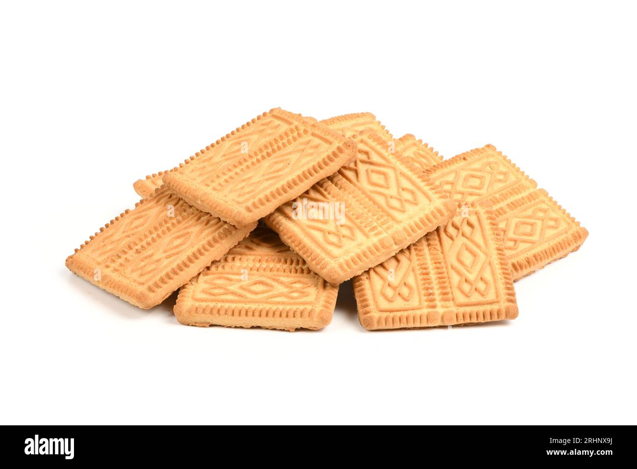 Square shortbread cookies isolated on white background. Stacked butter ...