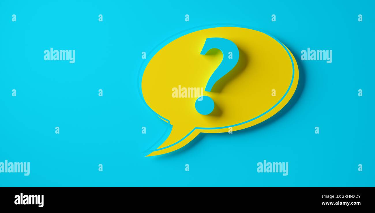 Yellow speech bubble with question mark icon cut out over blue cyan ...