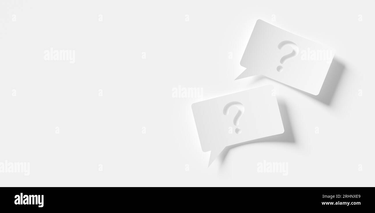 Two white speech bubbles with question mark icon cut out over white ...