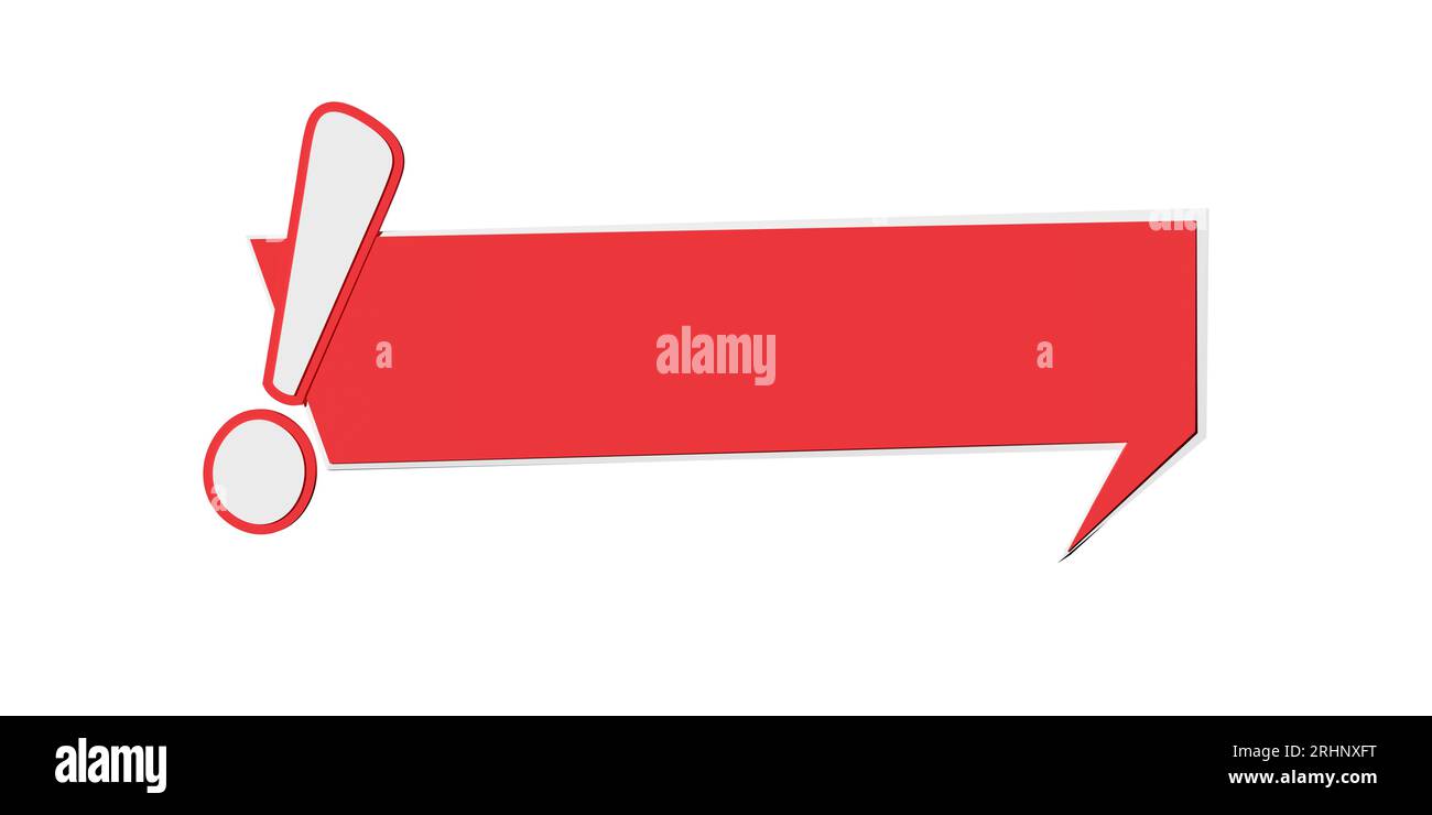 White exclamation mark with wide red speech bubble on white background ...