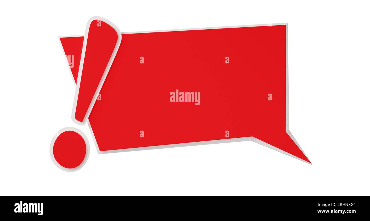 Red exclamation mark with speech bubble on white background, caution or ...
