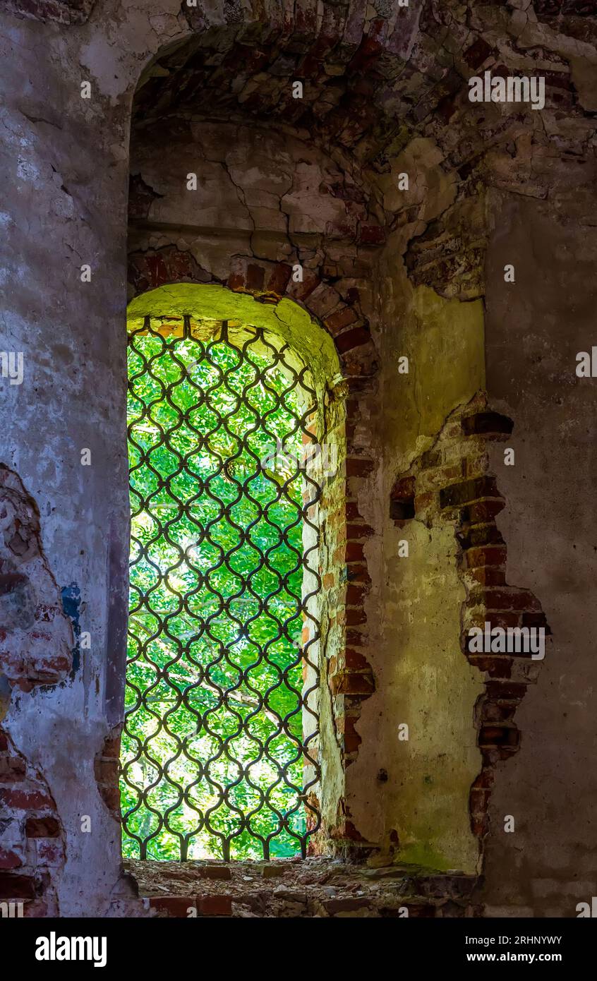 Church architecture. Antique vaulted window, brick vault with openwork ...