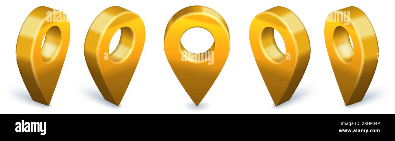 Golden locator pin 3D icon. Location map pointer rotation animation, gold metallic navigational ...