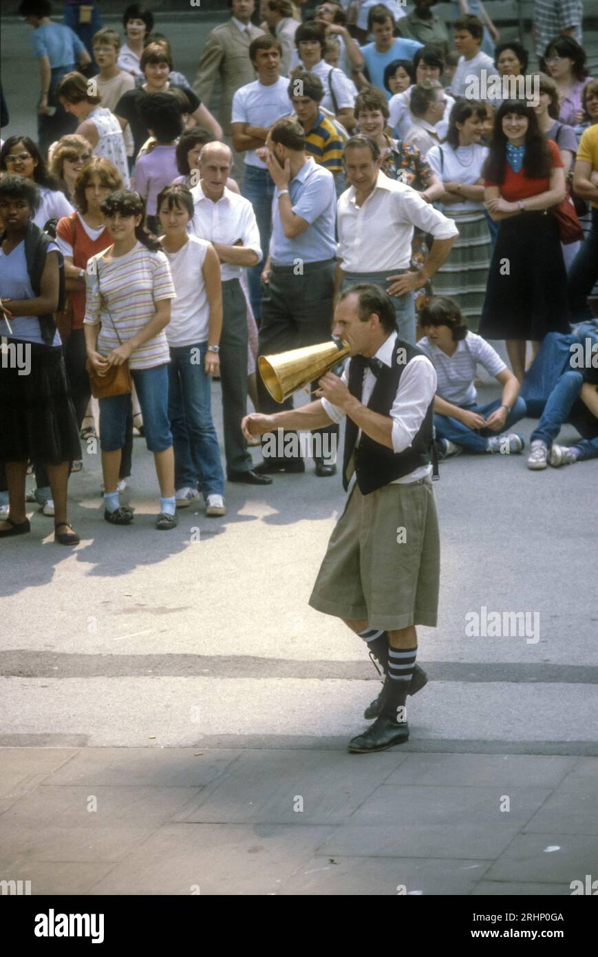 1981 archive photograph of street theatre in Paternoster Square, London ...
