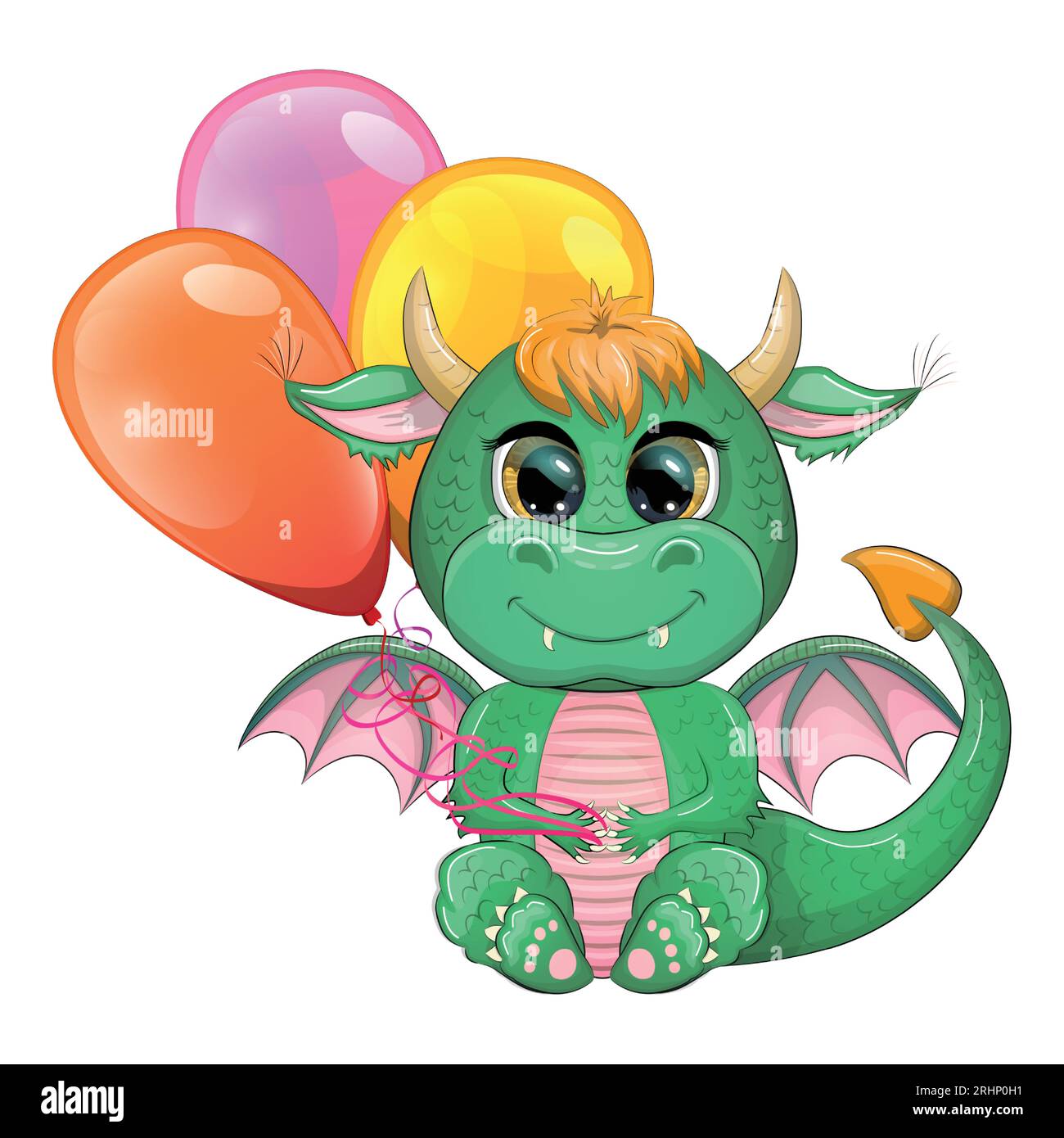 Cute cartoon green baby dragon with horns and wings. Symbol of 2024 ...
