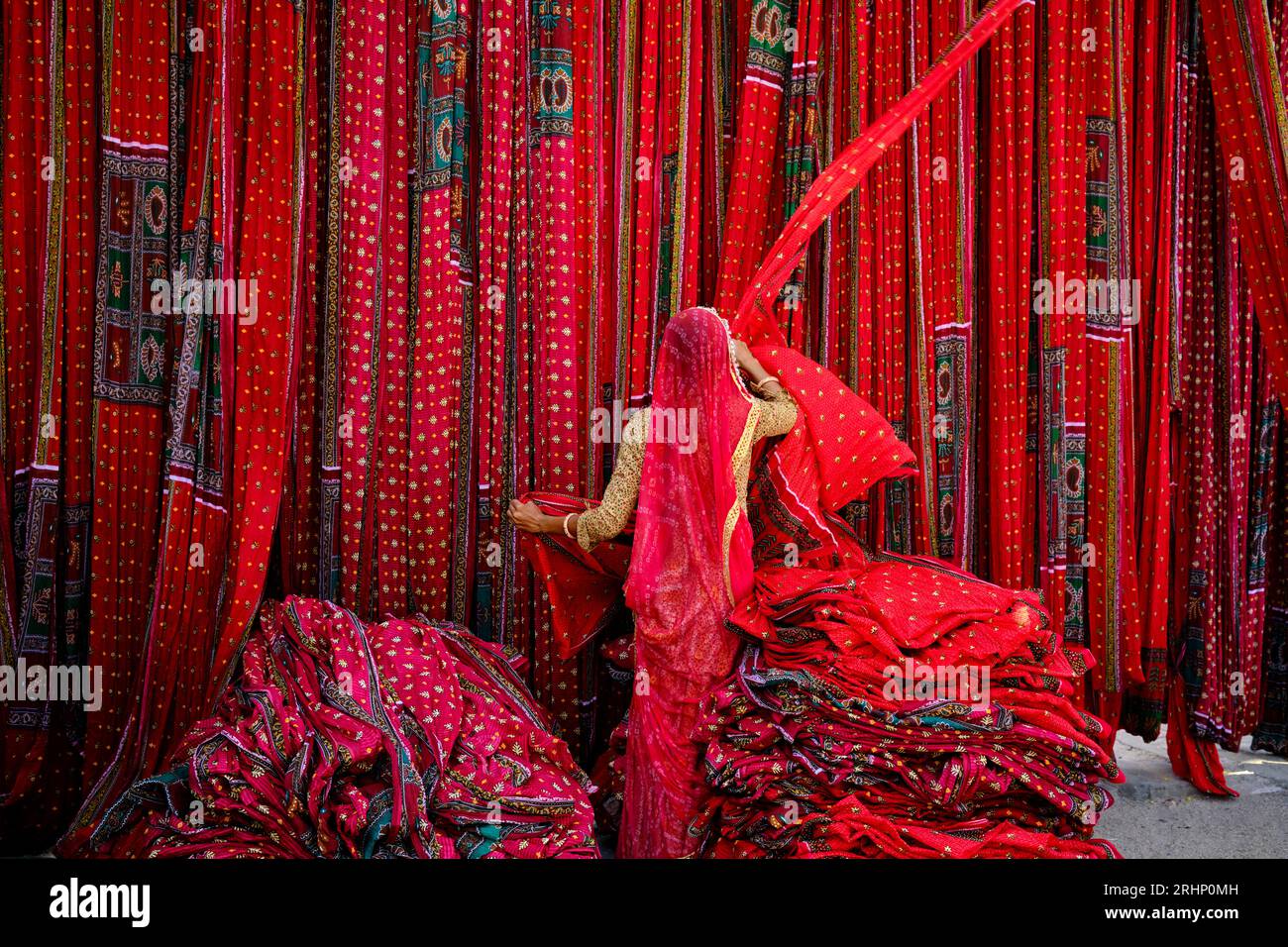 India, Rajasthan, Sari Factory, Textile are dried in the open air ...