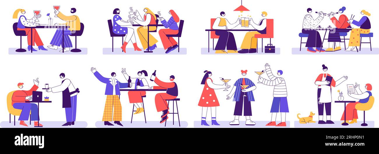 Restaurant and Cafe visitors. People eat and drink at restaurant tables ...