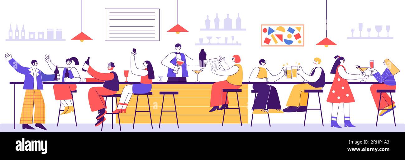 Bar party. People drinking at restaurant bar counter, celebration at pub interior and alcohol ...