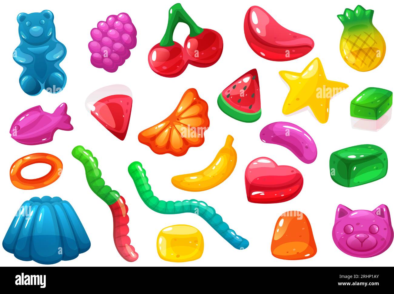 Cartoon sweet jelly. Delicious gummy desserts, jelly candy in different ...