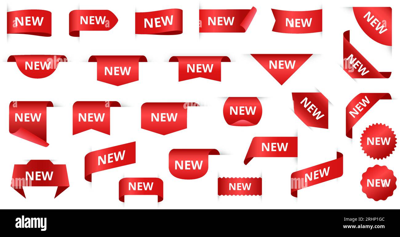 New tags. Red ribbon new product labels, new arrival badges and corners ...