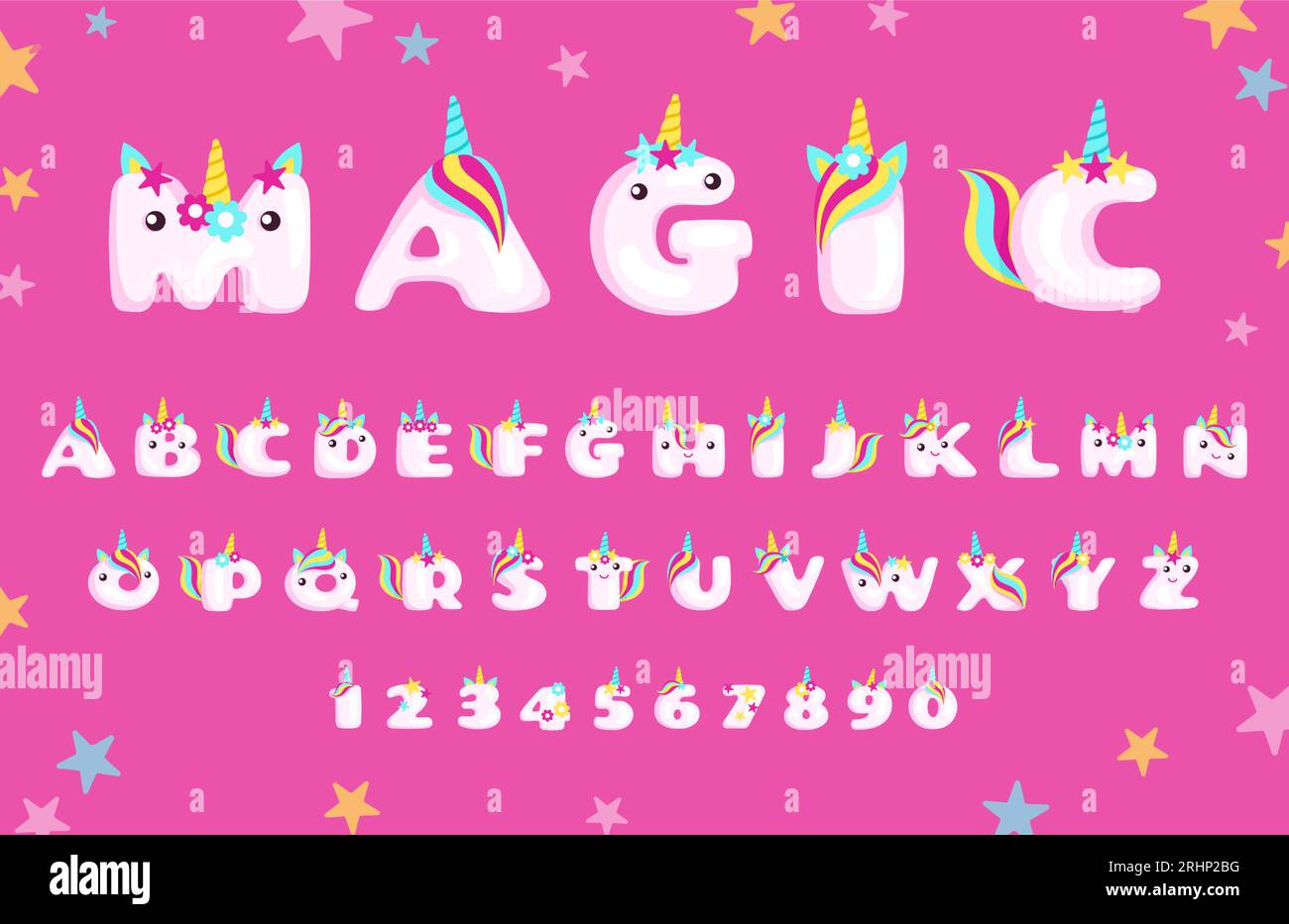 Unicorn font. Cartoon style alphabet with cute unicorn horn and rainbow ...