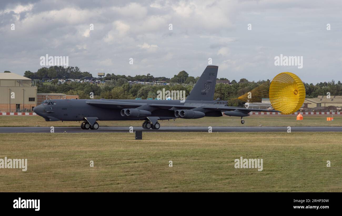 USAF B52 Stratofortress deploys its braking parachute when landing at ...