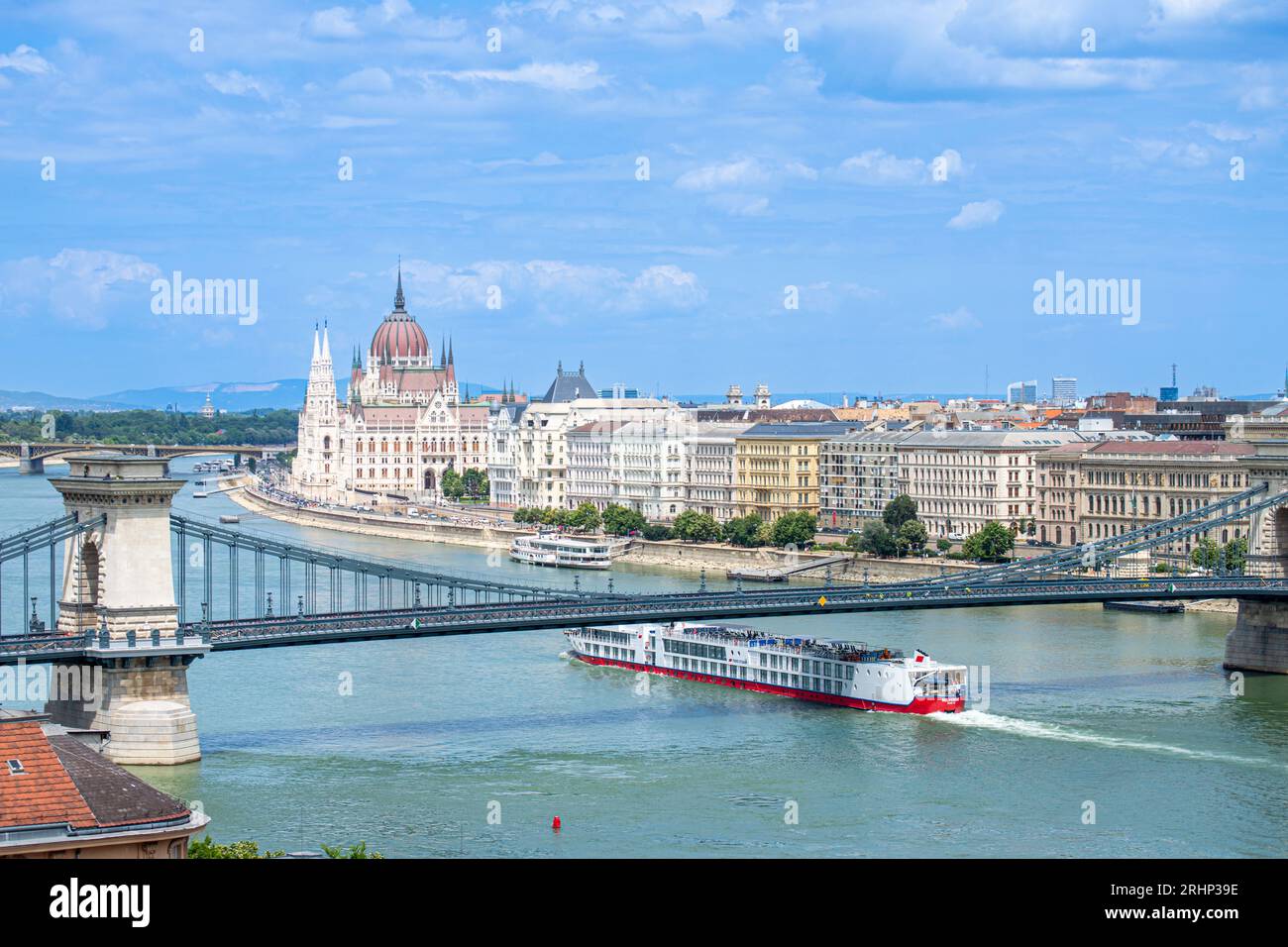 BUDAPEST, HUNGARY - JULY 7, 2023: East bank of the Danube river ...