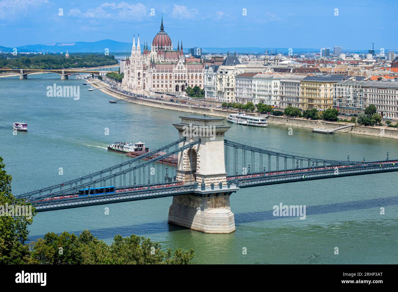 BUDAPEST, HUNGARY - JULY 7, 2023: East bank of the Danube river ...