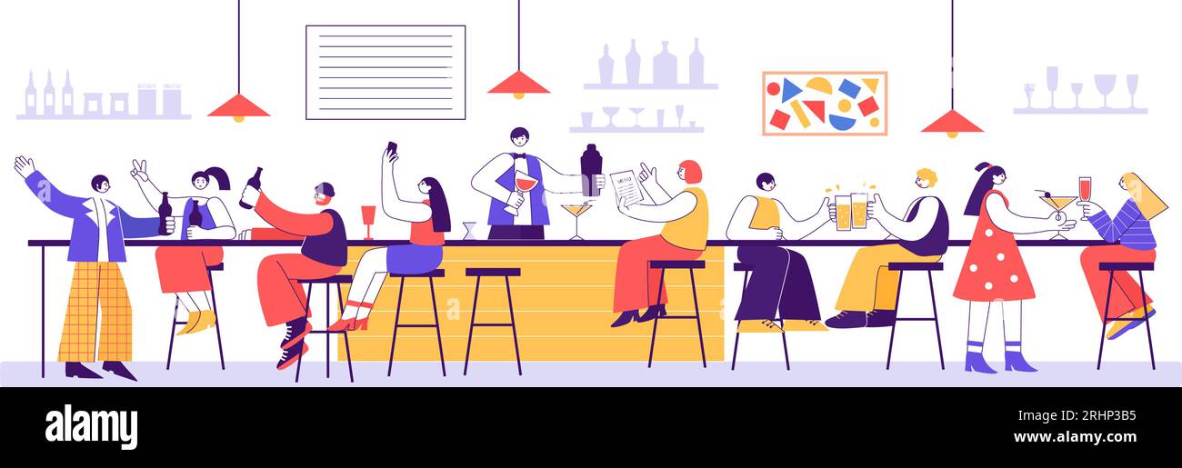 Bar party. People drinking at restaurant bar counter, celebration at ...