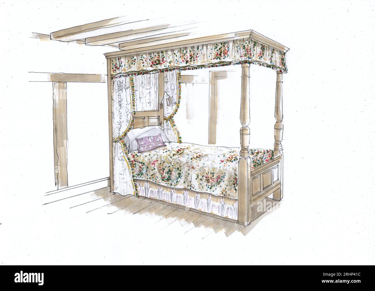 Colour illustration of a traditional style four poster bed Stock Photo ...